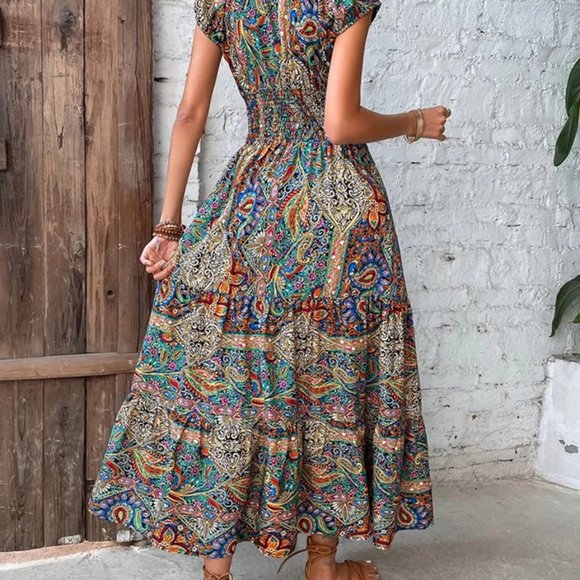 Ruwie | Dresses | Colorful Paisley Shirred Waist Long Summer Dress ...